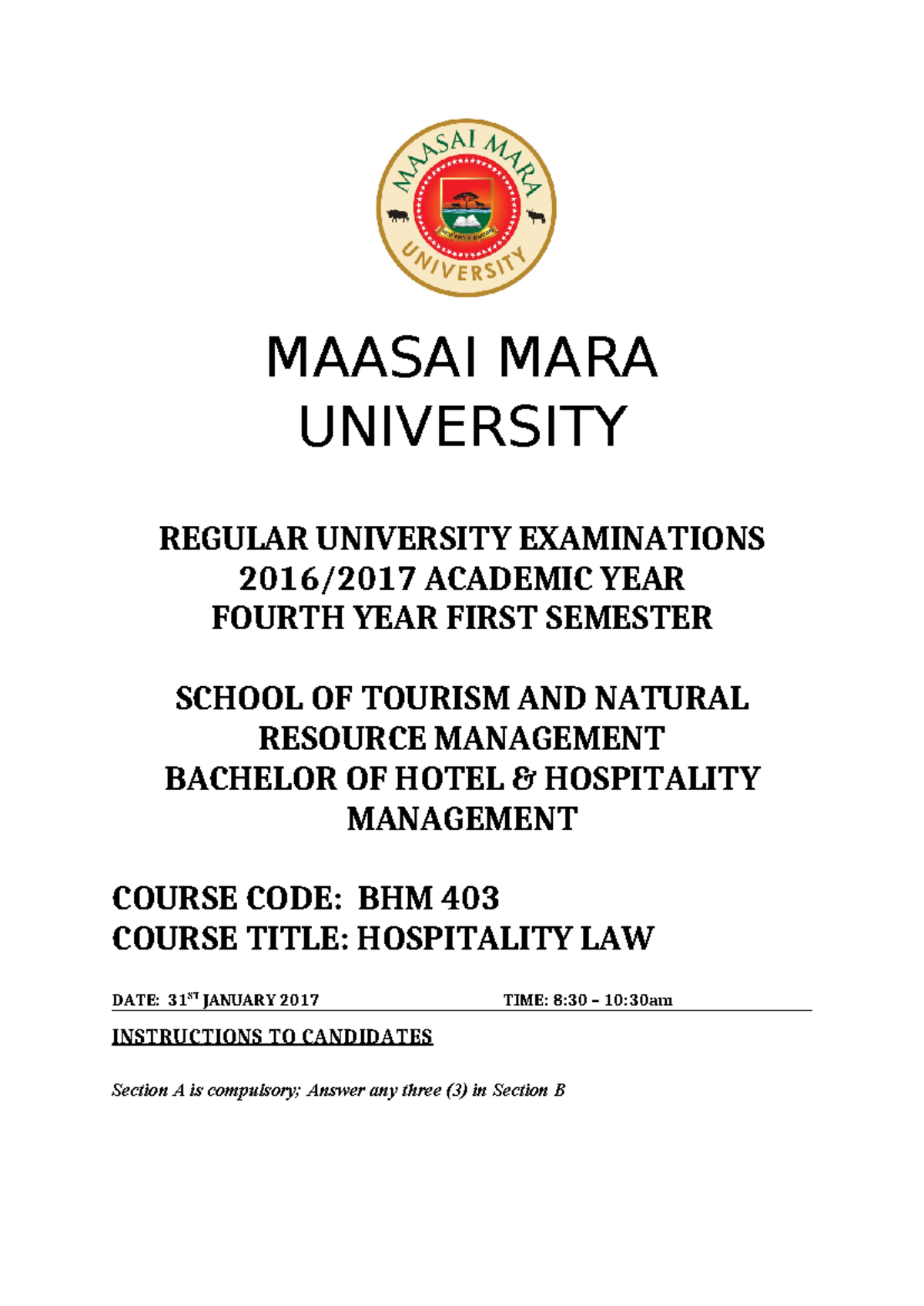 BHM 403 - good - Bachelors of business management - MAASAI MARA ...