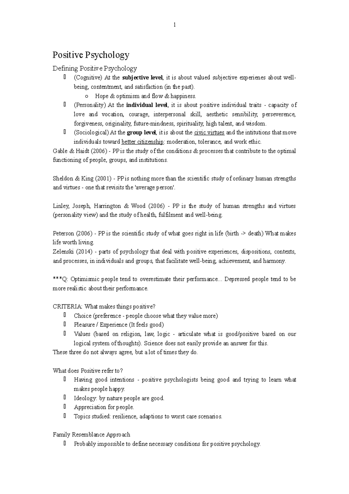 Positive Psychology Midterm 1 - 1 Positive Psychology Defining Positive ...