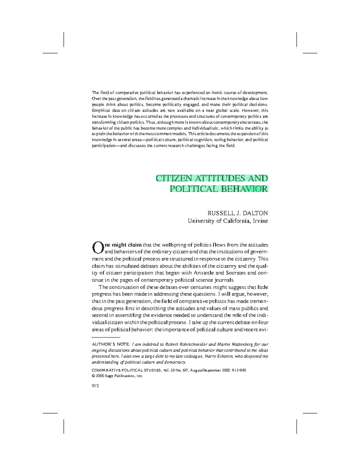 Dalton, Russell J (2000 ). Citizens Attitudes and Political Behavior ...