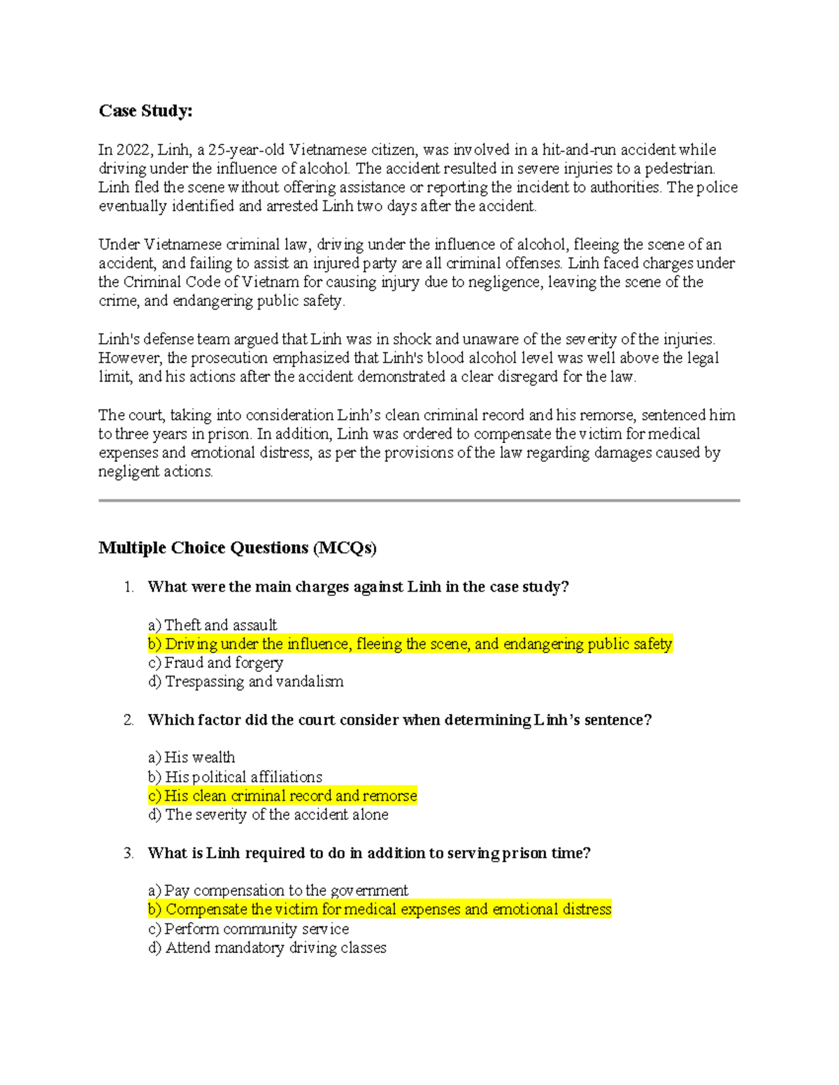 Case-Study-Criminal - Some case studies examples about civil law - Case Study: In 2022, Linh, a ...