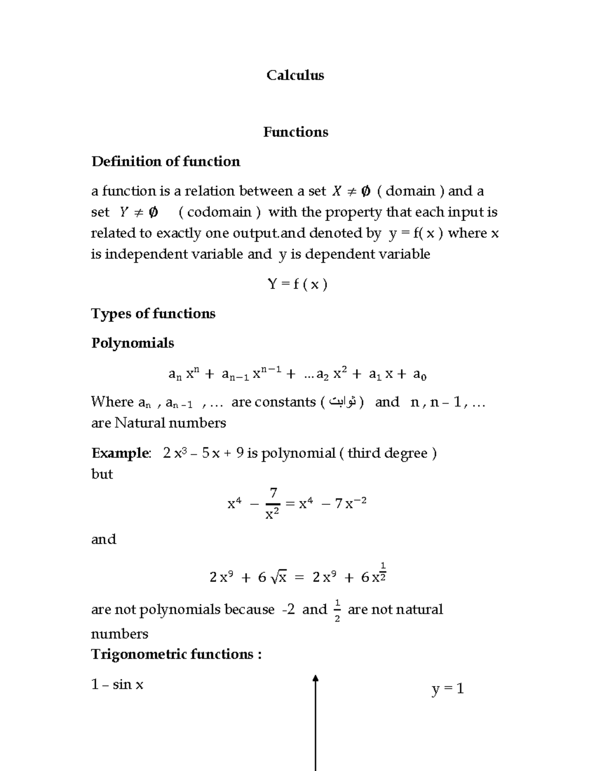 Calculus 1 - Calculus Functions Definition of function a function is a ...