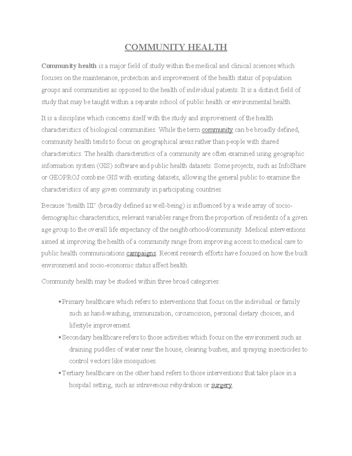 Community Health - social work - COMMUNITY HEALTH Community health is a ...