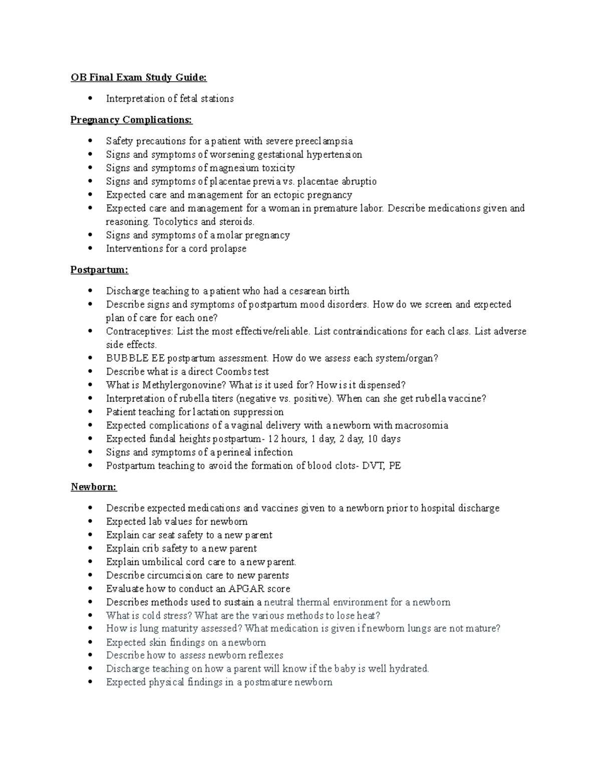 OB Final Study Guide Summer 2022-1 - OB Final Exam Study Guide ...