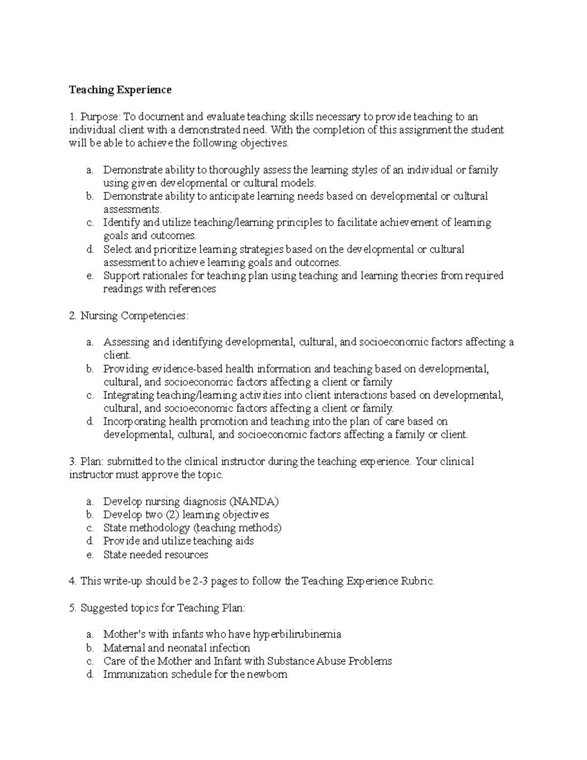 Teaching Experience Instructions - NURS 316L A - Teaching Experience ...