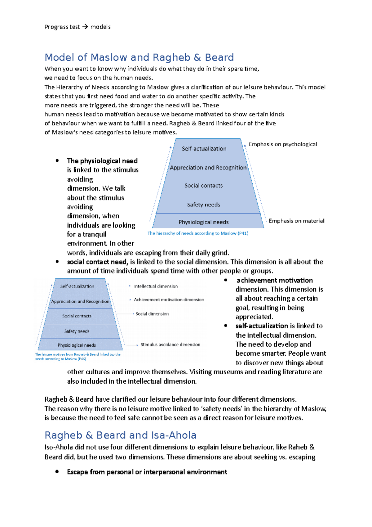 Models - Samenvatting Leisure! - Model of Maslow and Ragheb & Beard ...