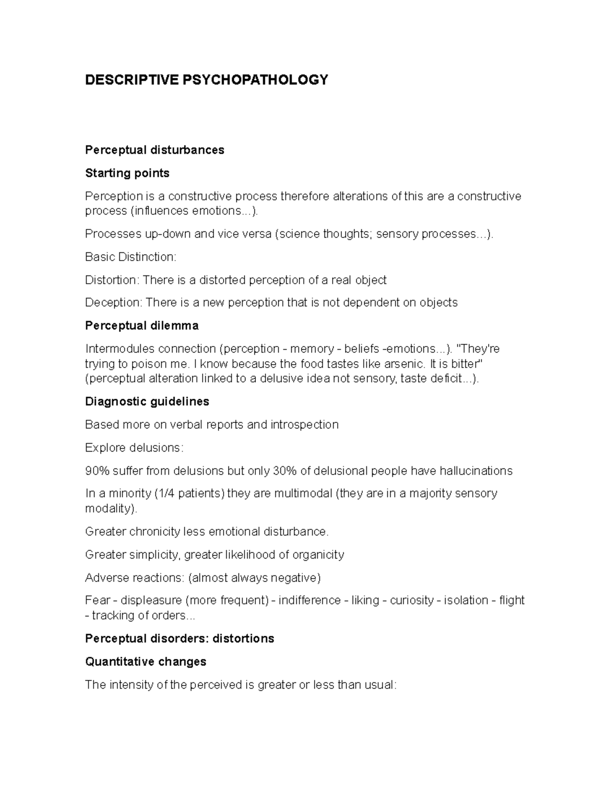 Descriptive psychopathology - DESCRIPTIVE PSYCHOPATHOLOGY Perceptual ...