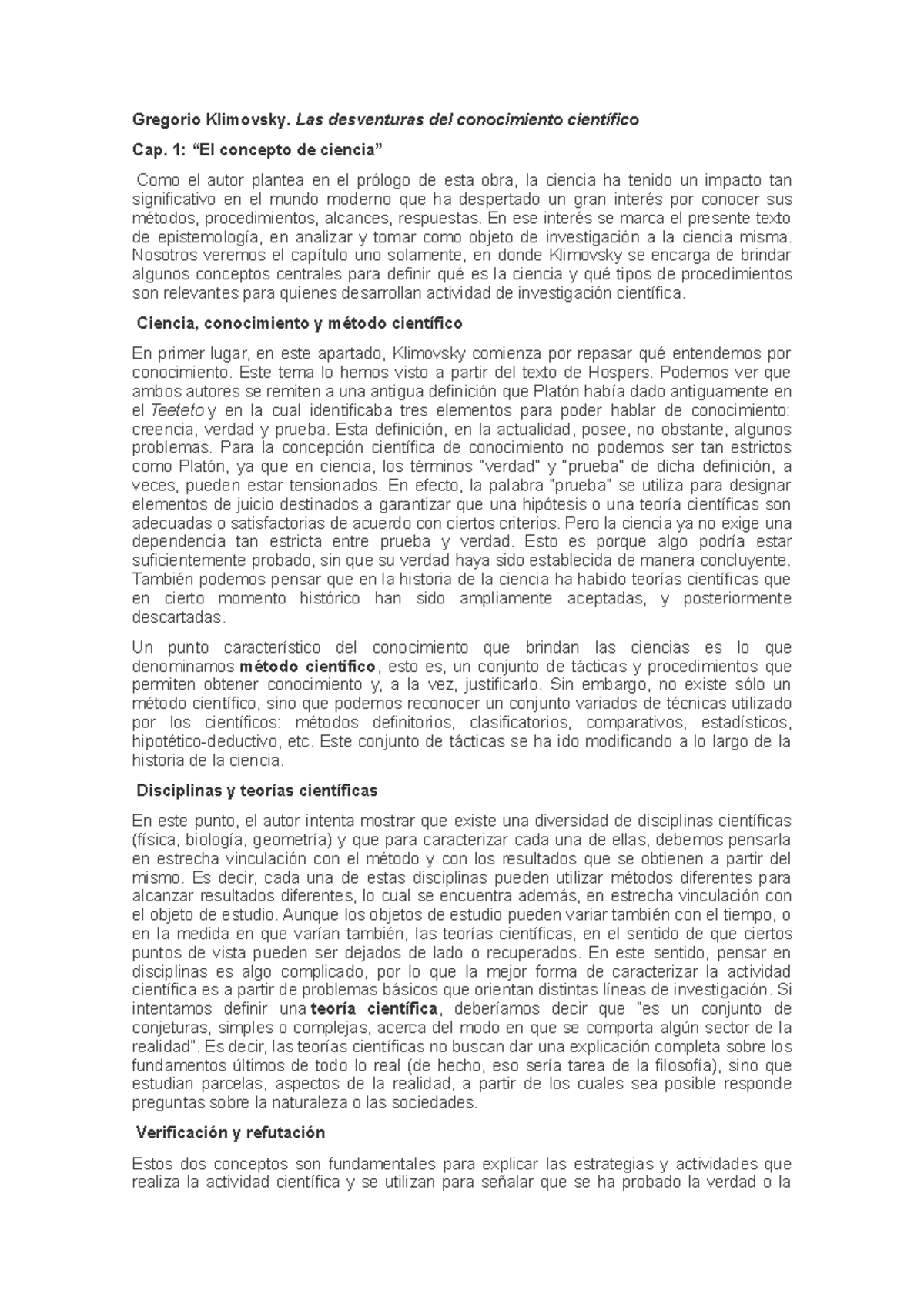 Resumen Klimovsky - El concepto de Ciencia - Gregorio Klimovsky. Las desventuras del ...