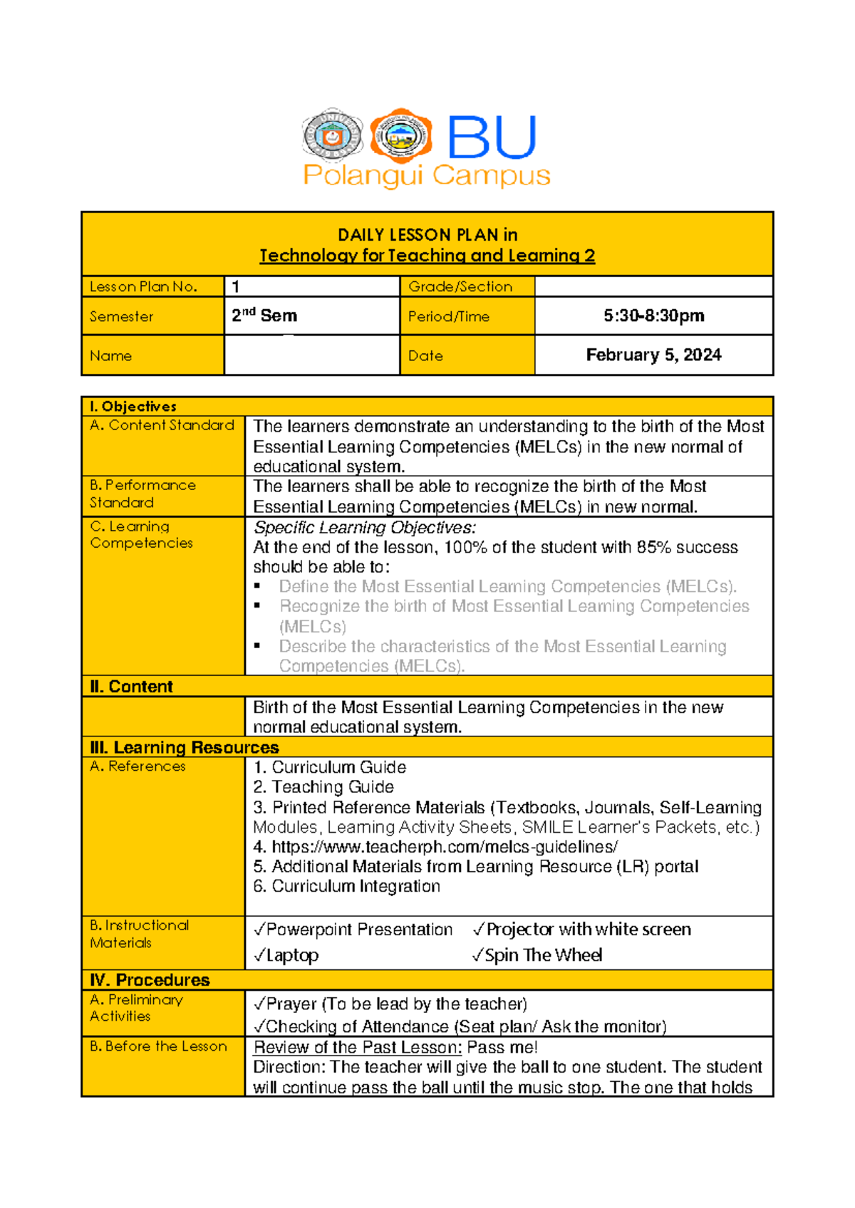 Lesson-PLAN - hgvc - DAILY LESSON PLAN in Technology for Teaching and ...