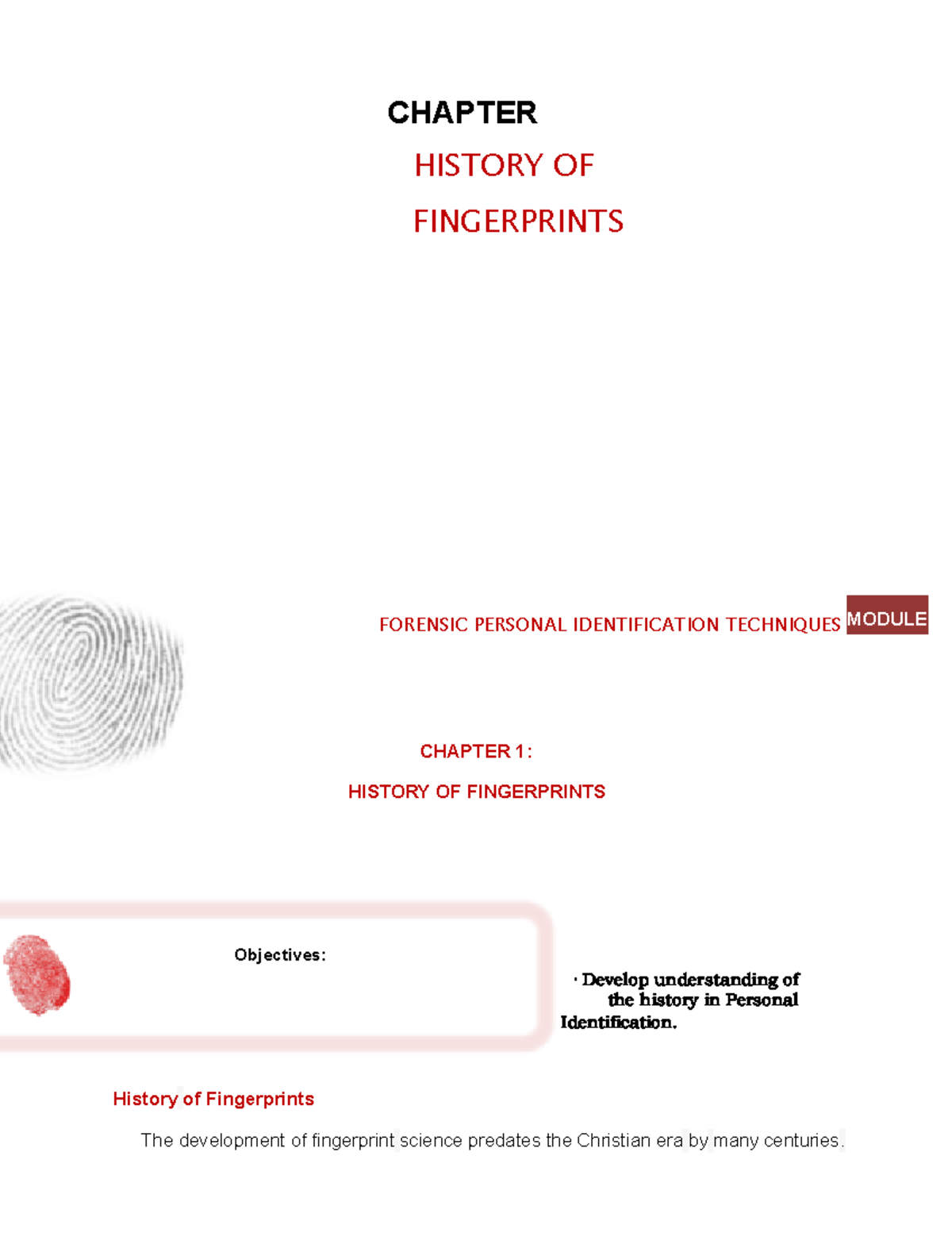 Chapter 1 History OF Fingerprints - CHAPTER HISTORY OF FINGERPRINTS ∙ ...