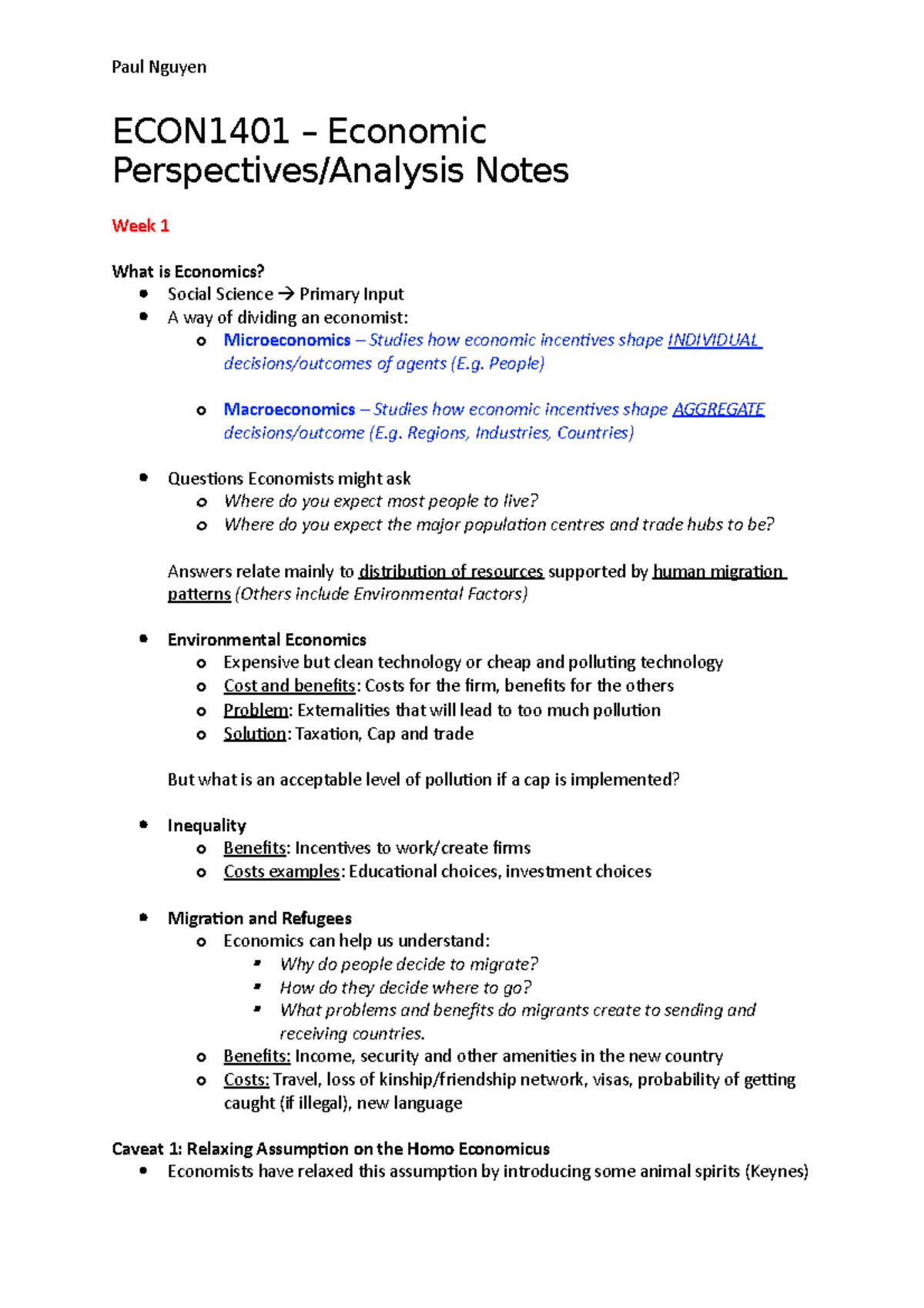 ECON1401 – Economic Perspectives Notes CH1 - ECON1401 – Economic ...