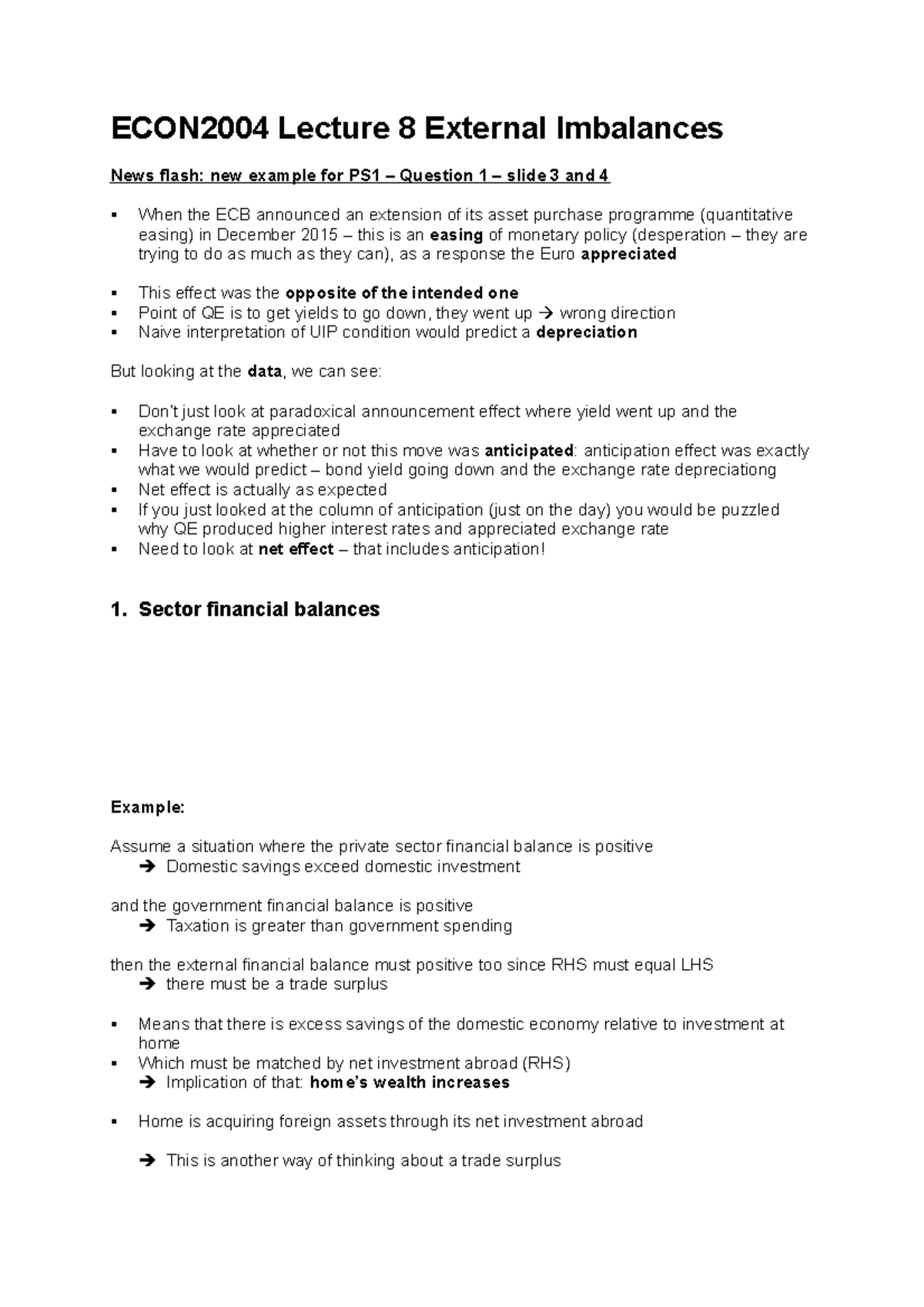 ECON2004 Term 2 Lecture 8 - ECON2004 Lecture 8 External Imbalances News flash: new example for ...