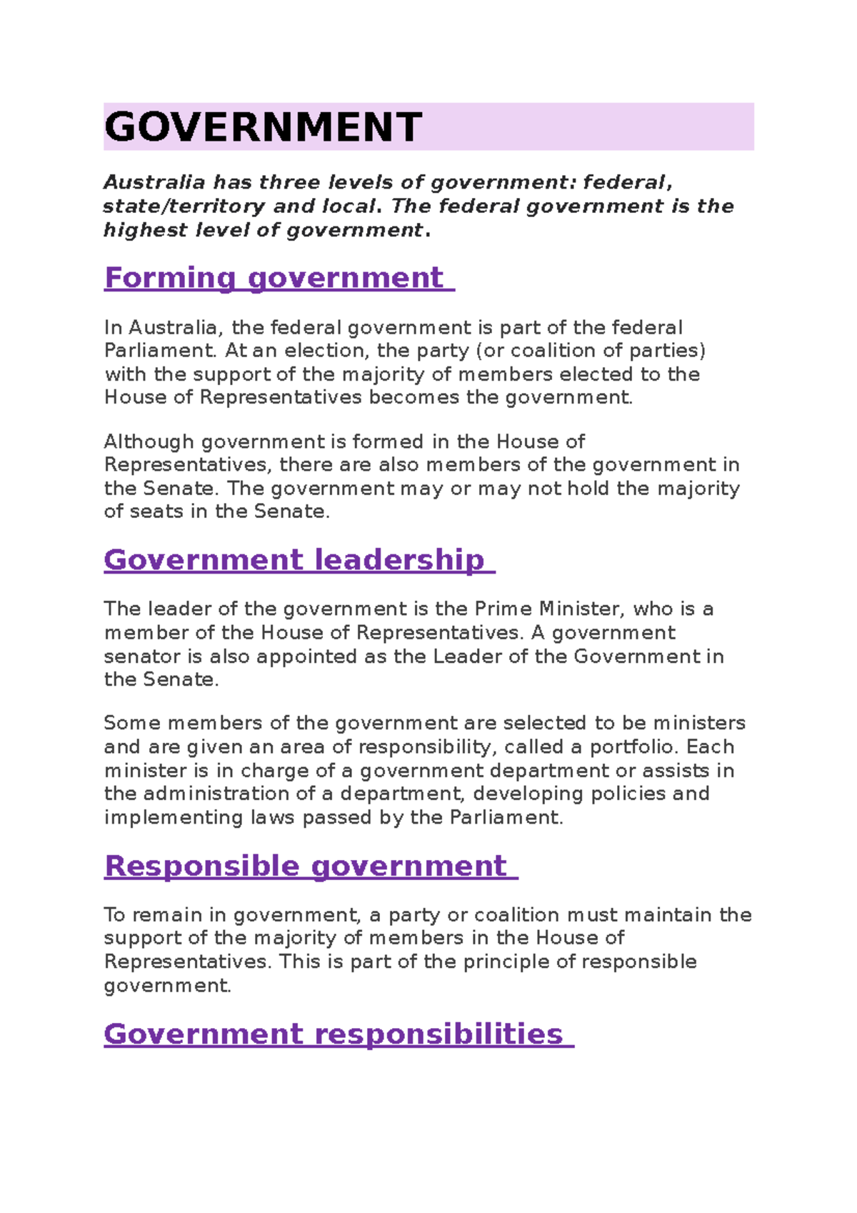 Government - See Notes - GOVERNMENT Australia has three levels of ...