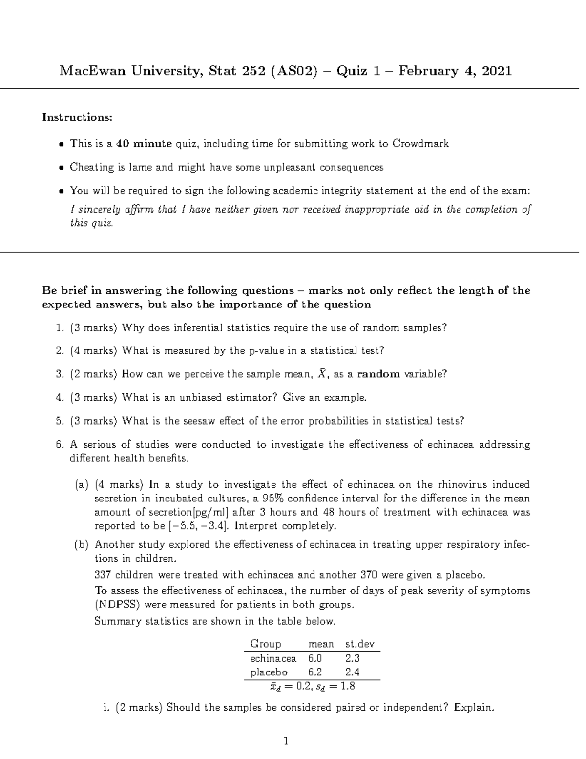 Quiz1 wi21 - solutions - MacEwan University, Stat 252 (AS02) – Quiz 1 – February 4, 2021 - Studocu