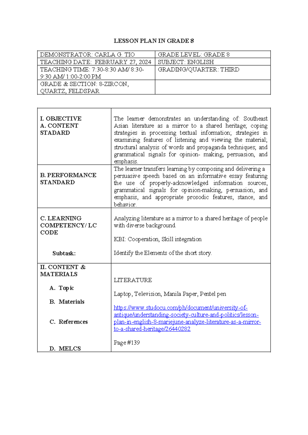 February 27, 2024 LP - LESSON PLAN IN GRADE 8 DEMONSTRATOR: CARLA G ...