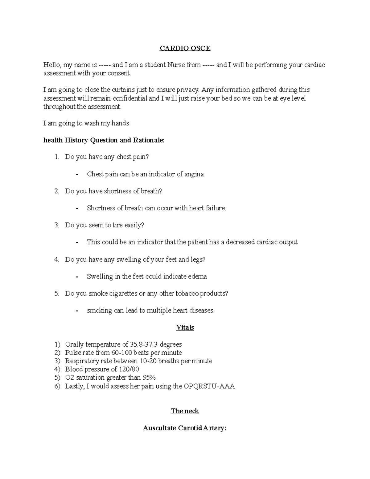 Cardio OSCE - OSCE script! The syllabus changes so make sure you dont ...