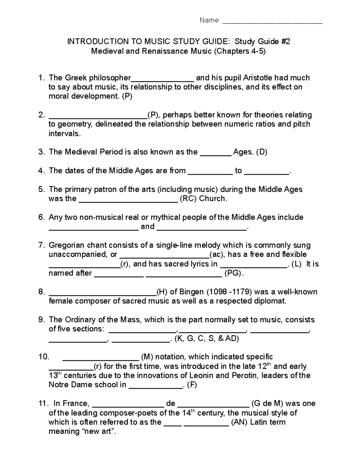 Medieval Renaissance Study Guide - Name ...