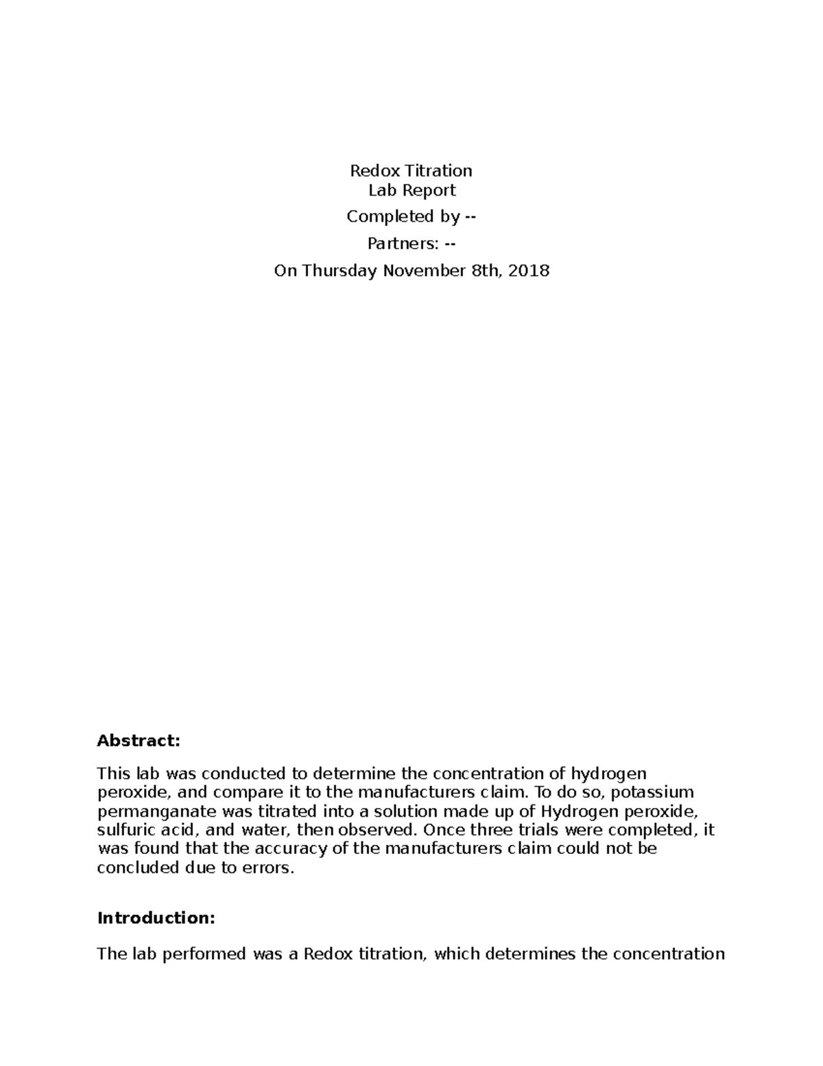 Redox Titration - Redox Titration Lab Report Completed by - Partners ...