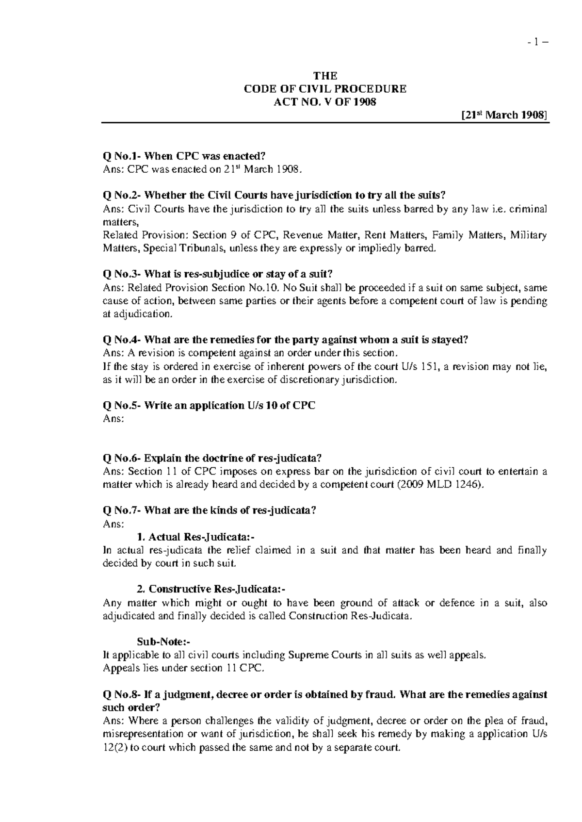 Notes in questions and answers form on C - THE CODE OF CIVIL PROCEDURE ...