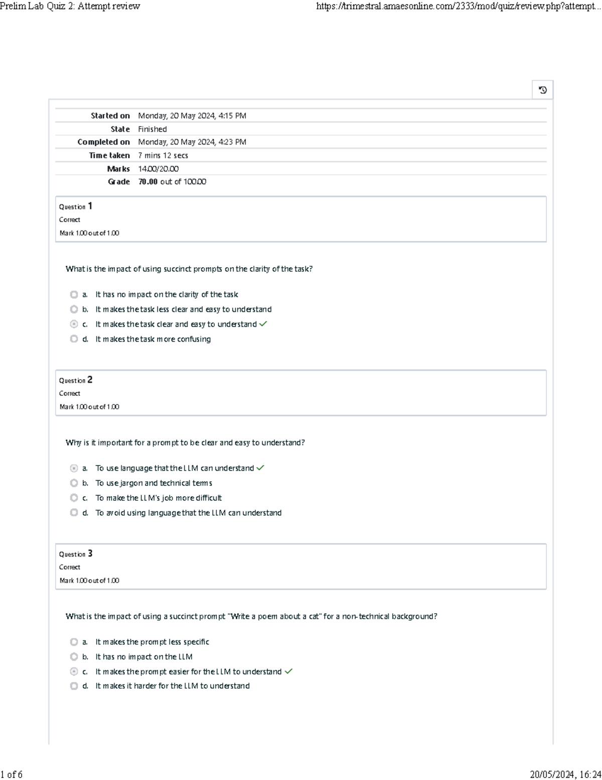Prelim Lab Quiz 2 Attempt review - Started on Monday, 20 May 2024, 4:15 PM State Finished ...