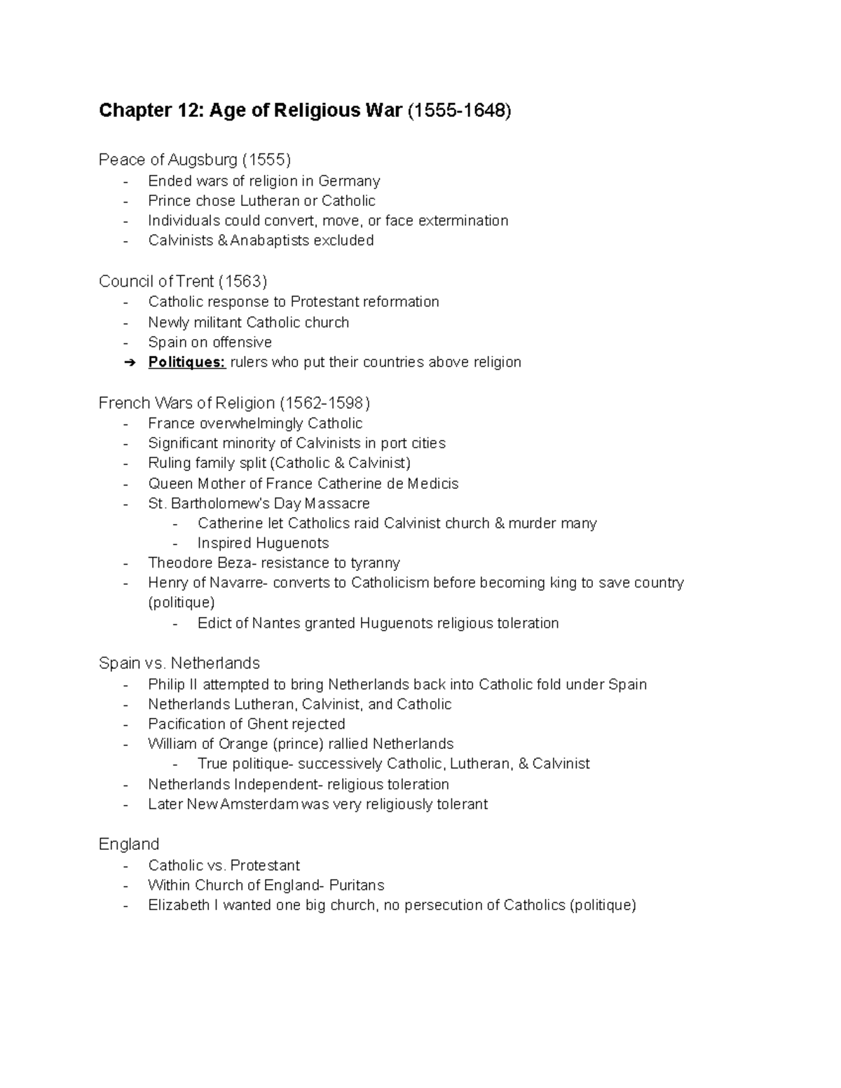 HIST 1100 Age of Religious War (1555-1648) - Chapter 12: Age of ...