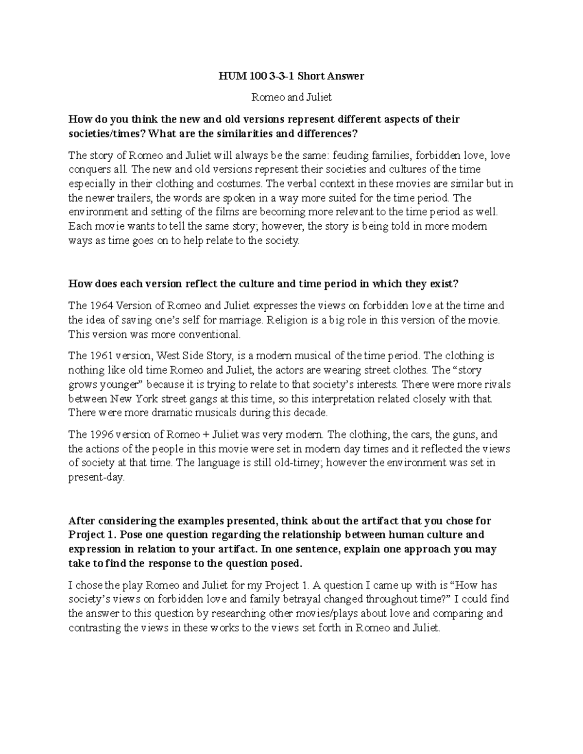HUM100 3-3-1 Short Response - HUM 100 3-3-1 Short Answer Romeo and ...
