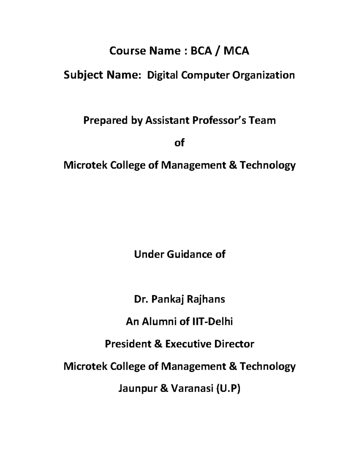BCA-Digital Computer Organization - Course Name : BCA / MCA Subject ...