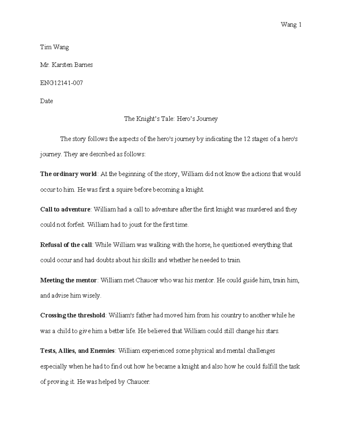 The Knight’s Tale - Assignment - Wang 1 Tim Wang Mr. Karsten Barnes ...