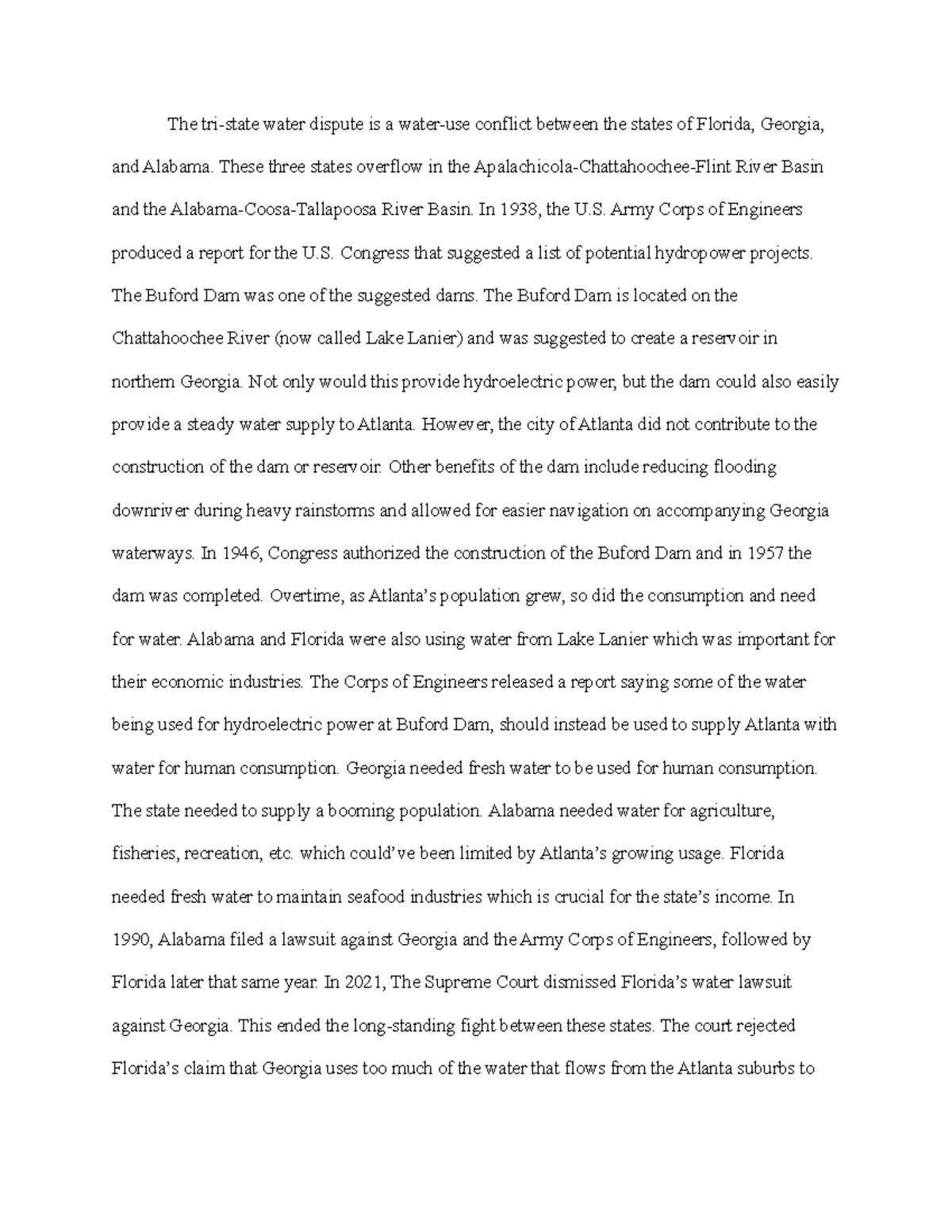 BIOL Assignment - Tri-state water wars - The tri-state water dispute is ...