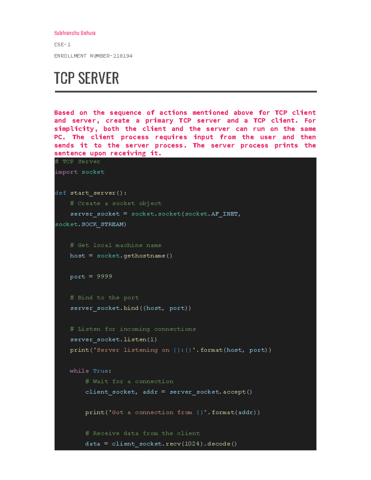 TCP Server - Subhranshu Behura CSE- ENROLLMENT NUMBER- TCP SERVER Based ...