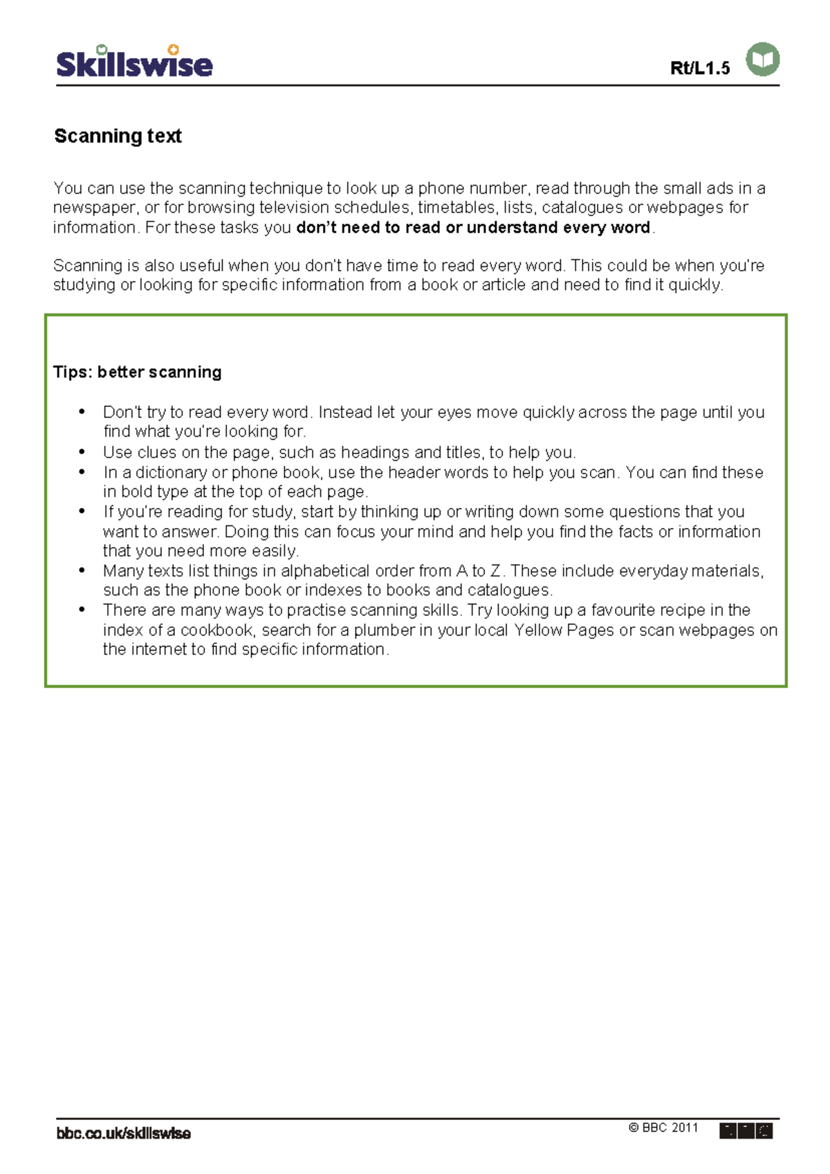 1 Scanning - Worksheet - © BBC 2011 Scanning text Rt/L1. 5 You can use ...