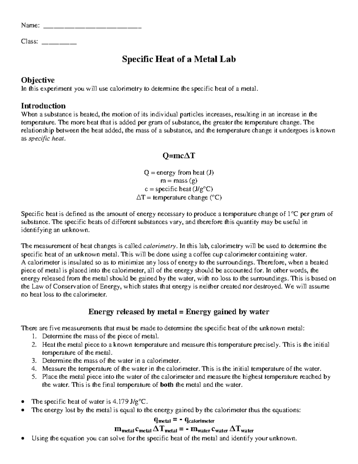 Specific+Heat+of+a+Metal+Lab - Name: ____________________________ Class ...