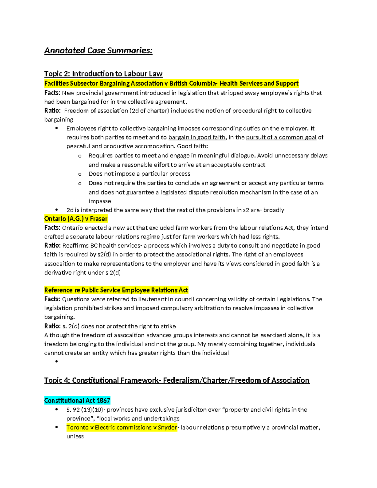Shannon - Annotated Case Summaries- Labour - Annotated Case Summaries ...