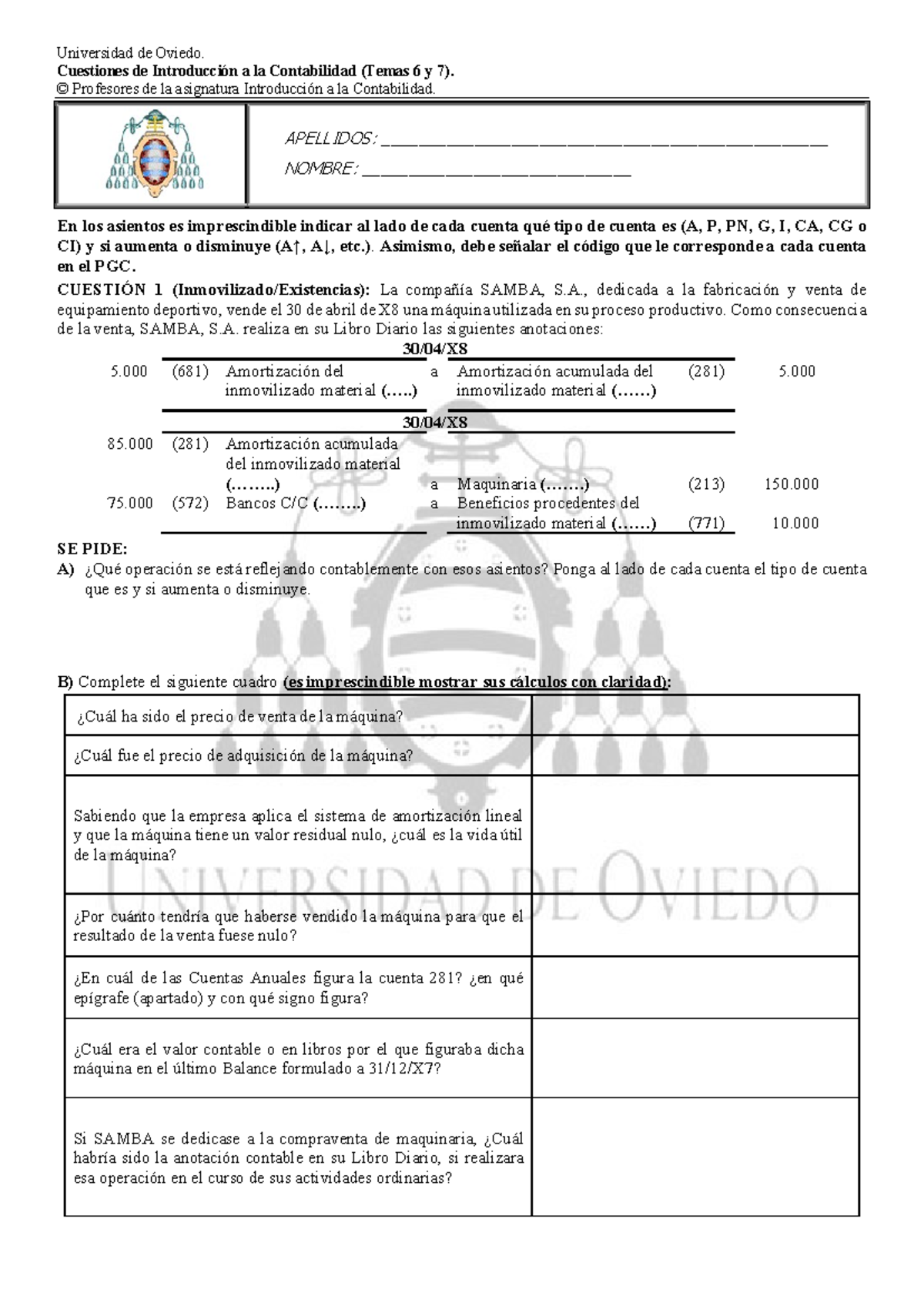 ECO 23-24 Cuestionario Repaso 6 y 7 (inmovilizado y neto) Enunciado ...