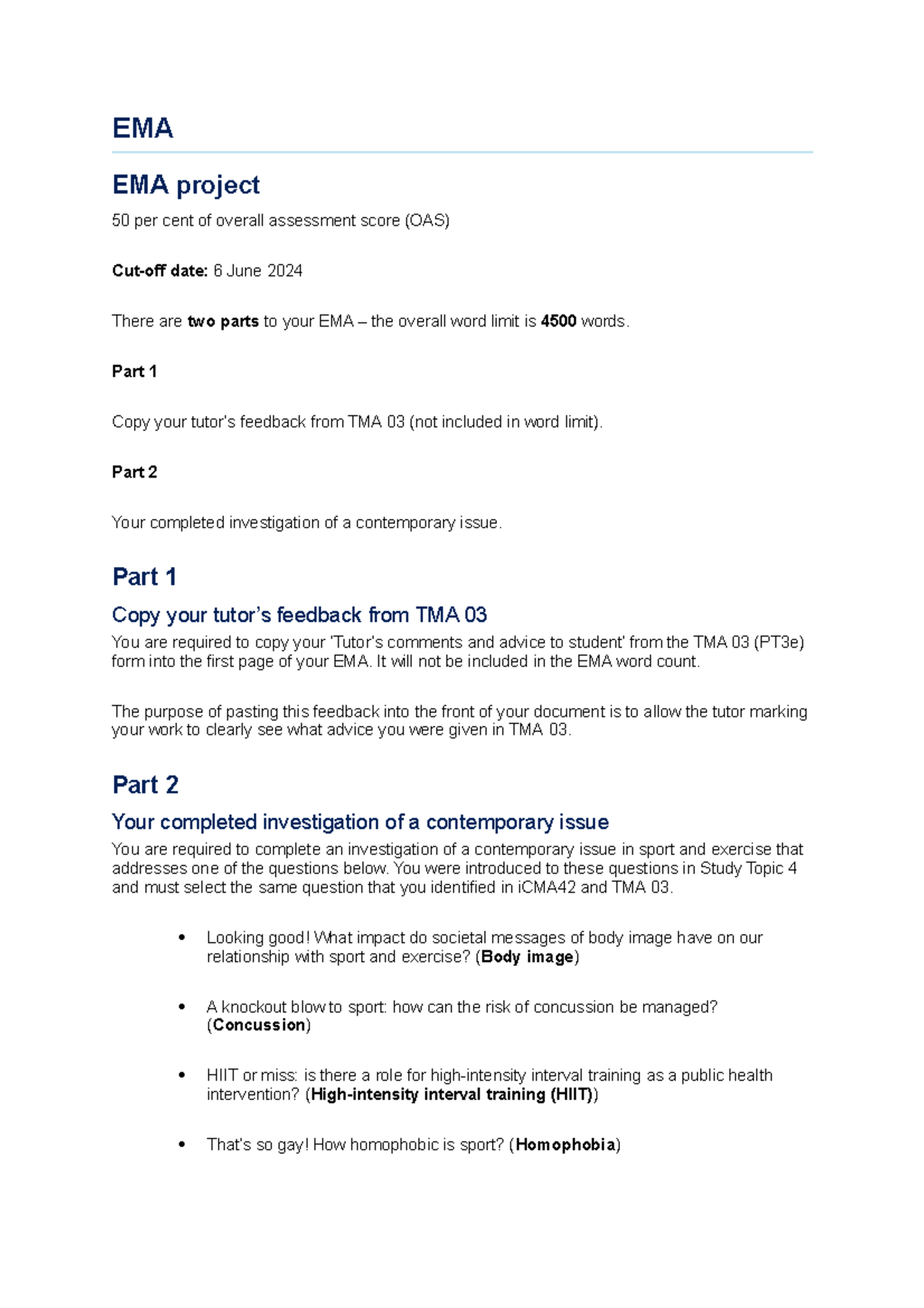 EMA question paper E314 - EMA EMA project 50 per cent of overall ...