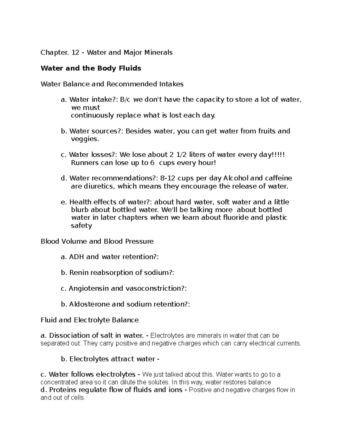 Chapter 12 Outline Finished - Chapter. 12 - Water and Major Minerals ...