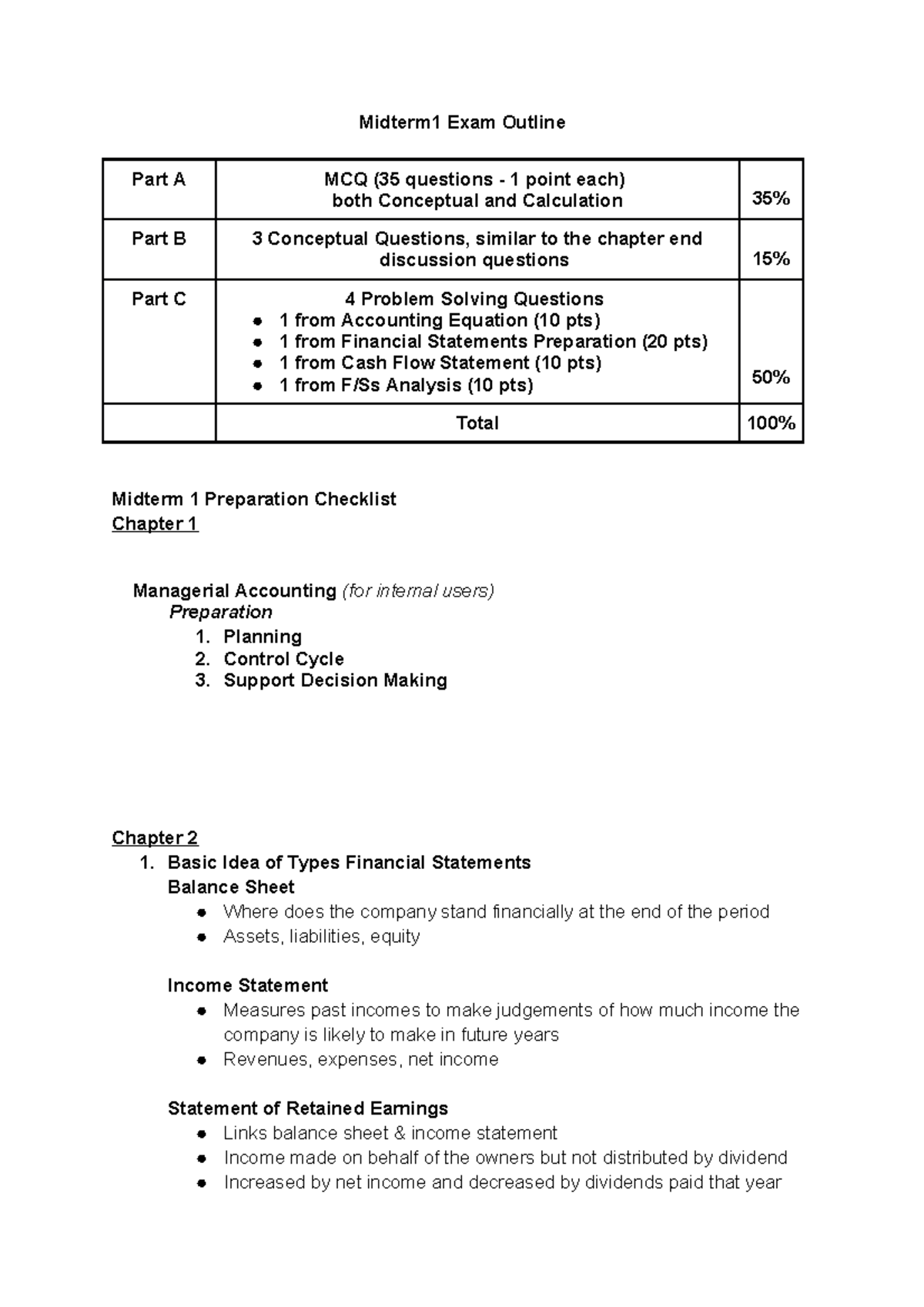 Accounting Midterm 1 Exam Outline - Midterm1 Exam Outline Part A MCQ (35 questions - 1 point ...