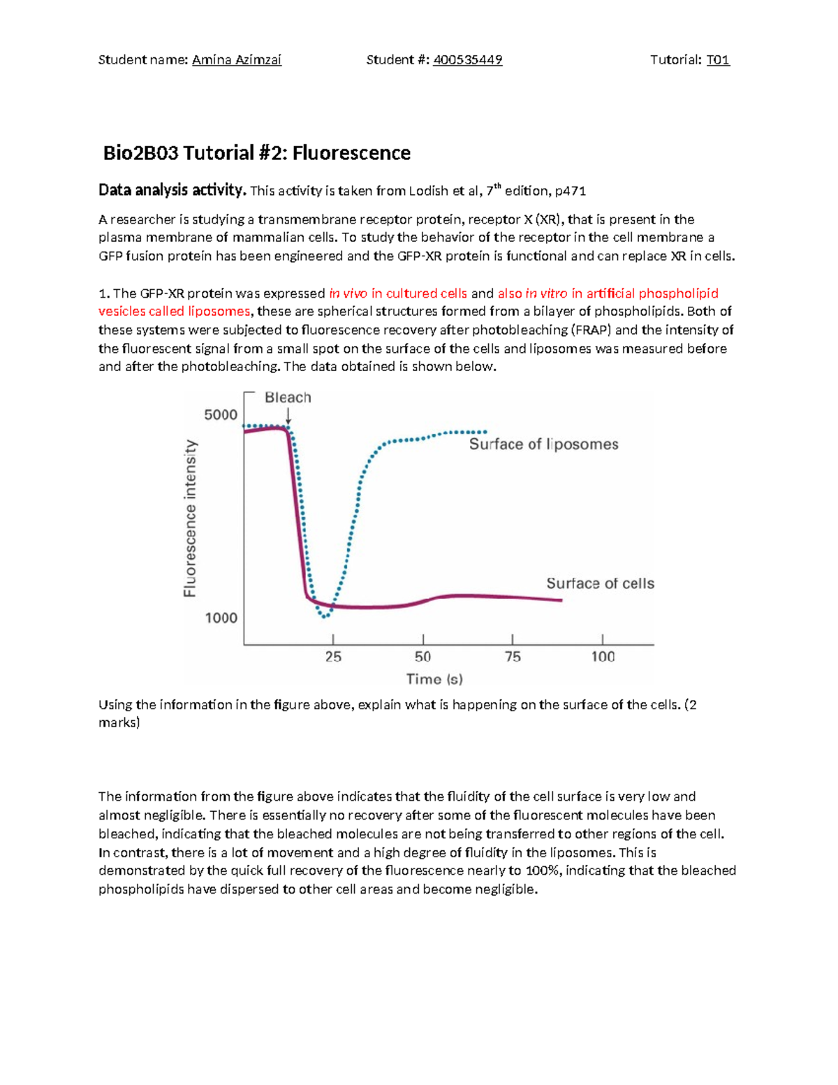 F23 Bio 2 Assignment 2 - Fluorescence - Student name: Amina Azimzai Student #: 400535449 ...