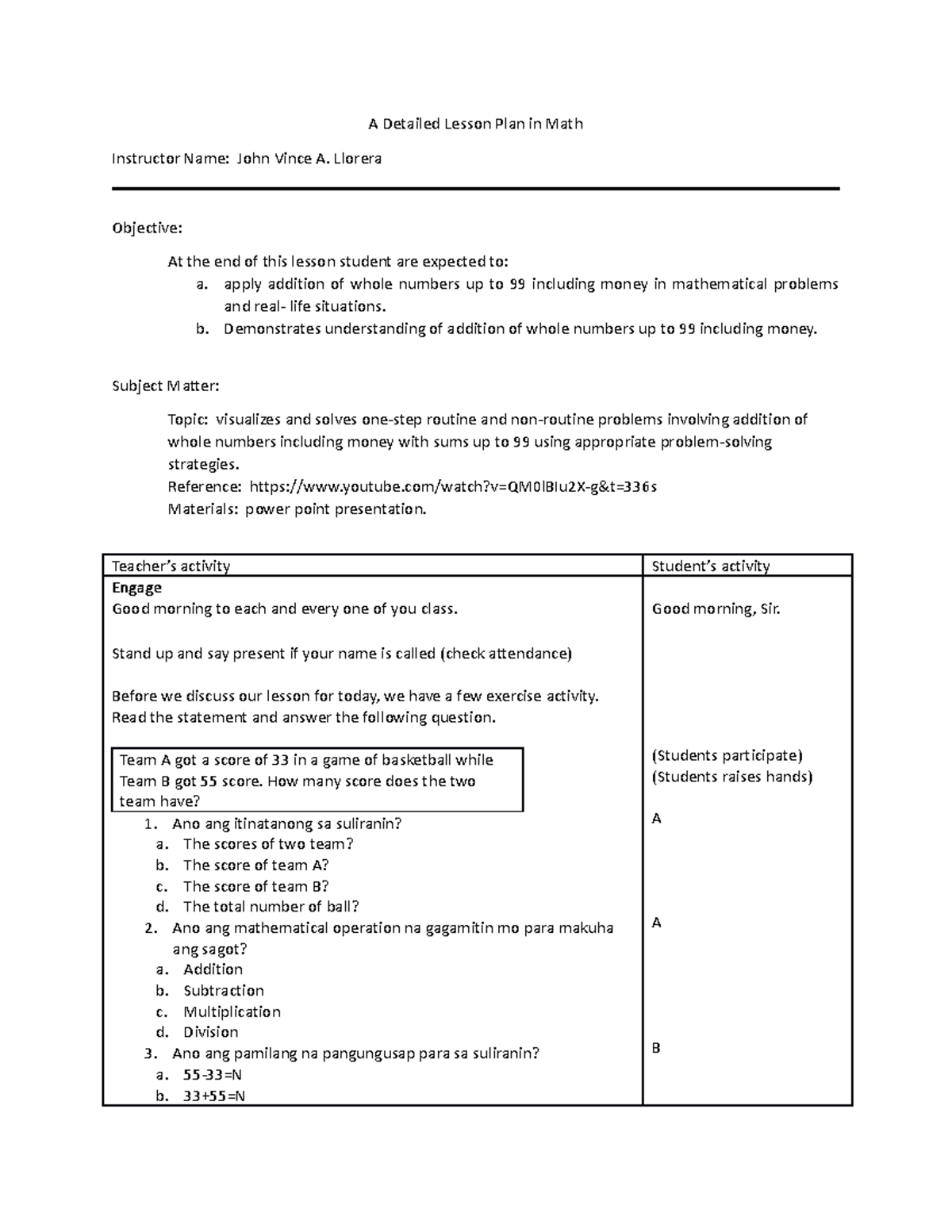Lesson PLAN N MATH - A Detailed Lesson Plan in Math Instructor Name ...