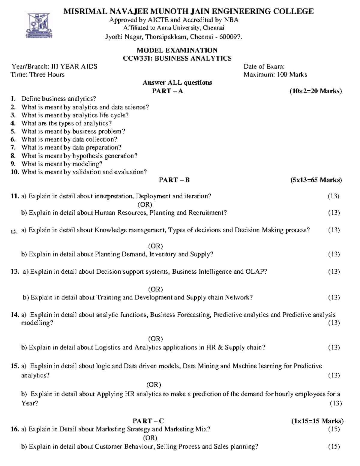 CCW331 -Model qn paper -Business Analytics - MODEL EXAMINATION CCW331 ...
