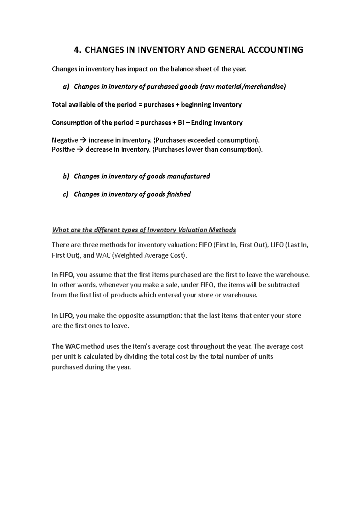 Changes IN Inventory AND General Accounting - 4. CHANGES IN INVENTORY ...