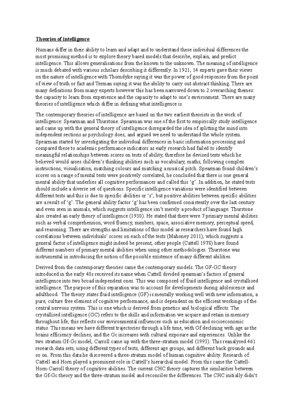Itheory - Exam preparation/notes on topics - Theories of intelligence ...