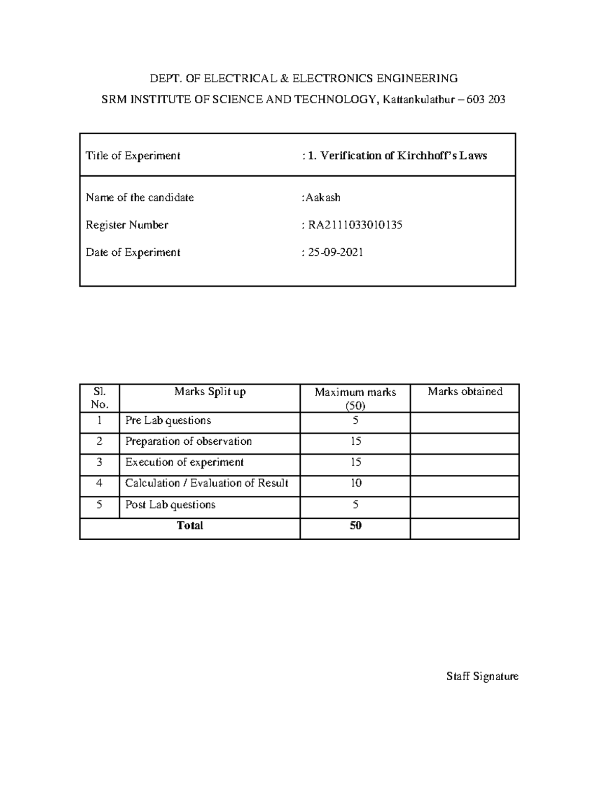 BEEE Assignment 1 - DEPT. OF ELECTRICAL & ELECTRONICS ENGINEERING SRM INSTITUTE OF SCIENCE AND ...