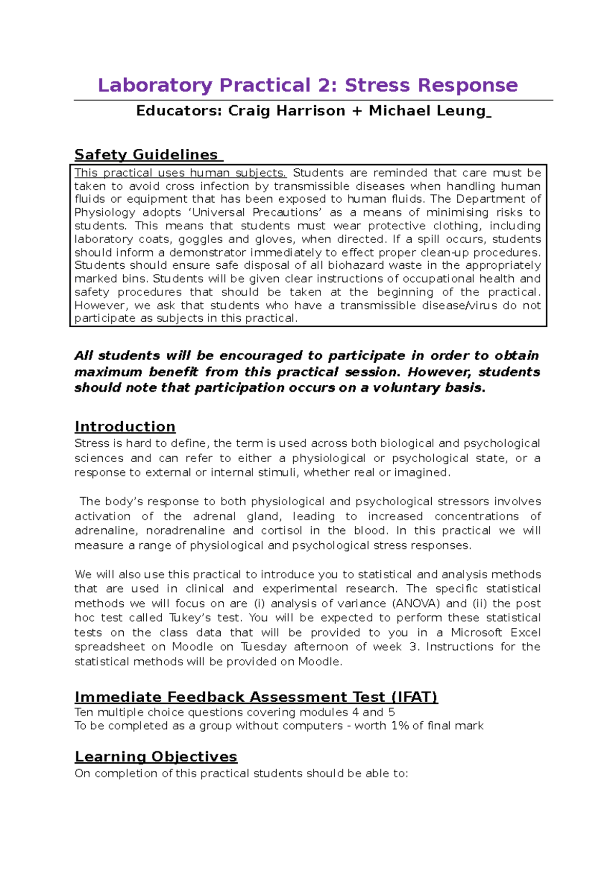 Stress Practical Notes - Laboratory Practical 2: Stress Response ...