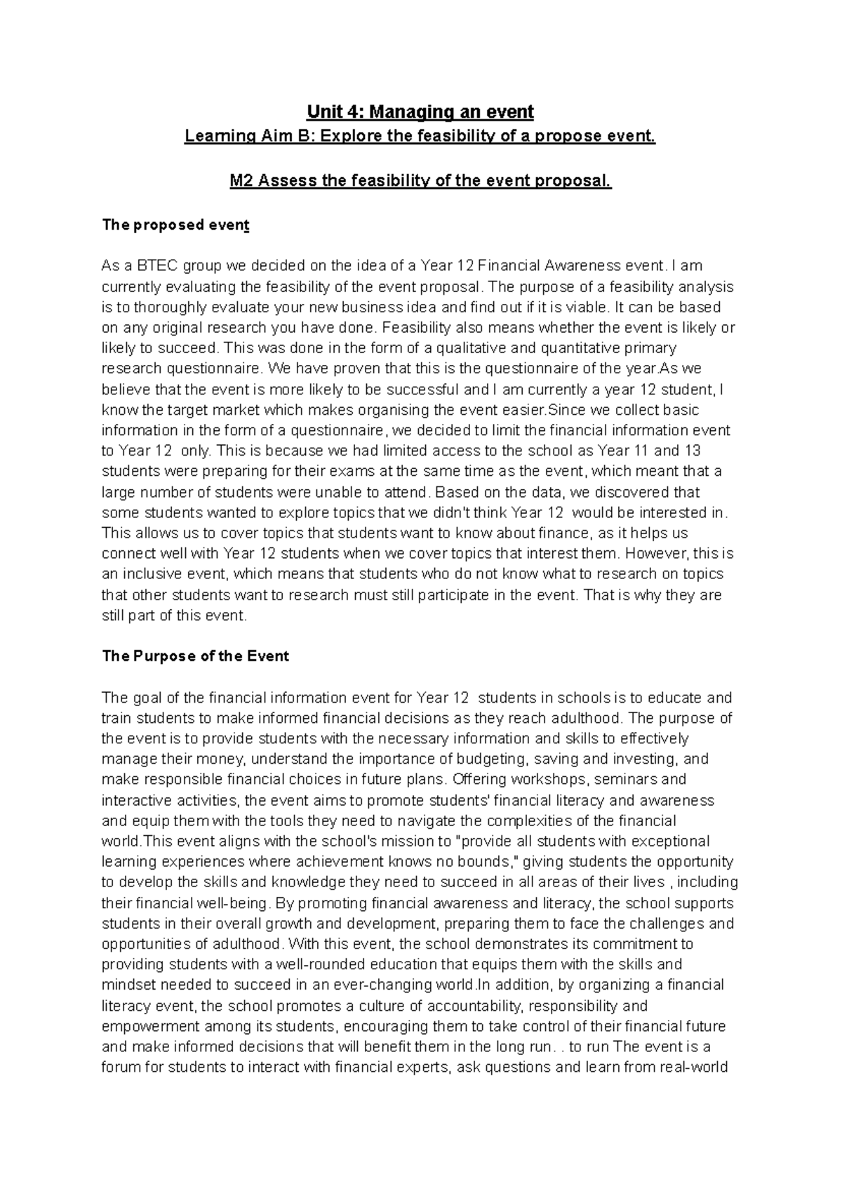 Unit 4 M2 - this is for m3 - Unit 4: Managing an event Learning Aim B ...