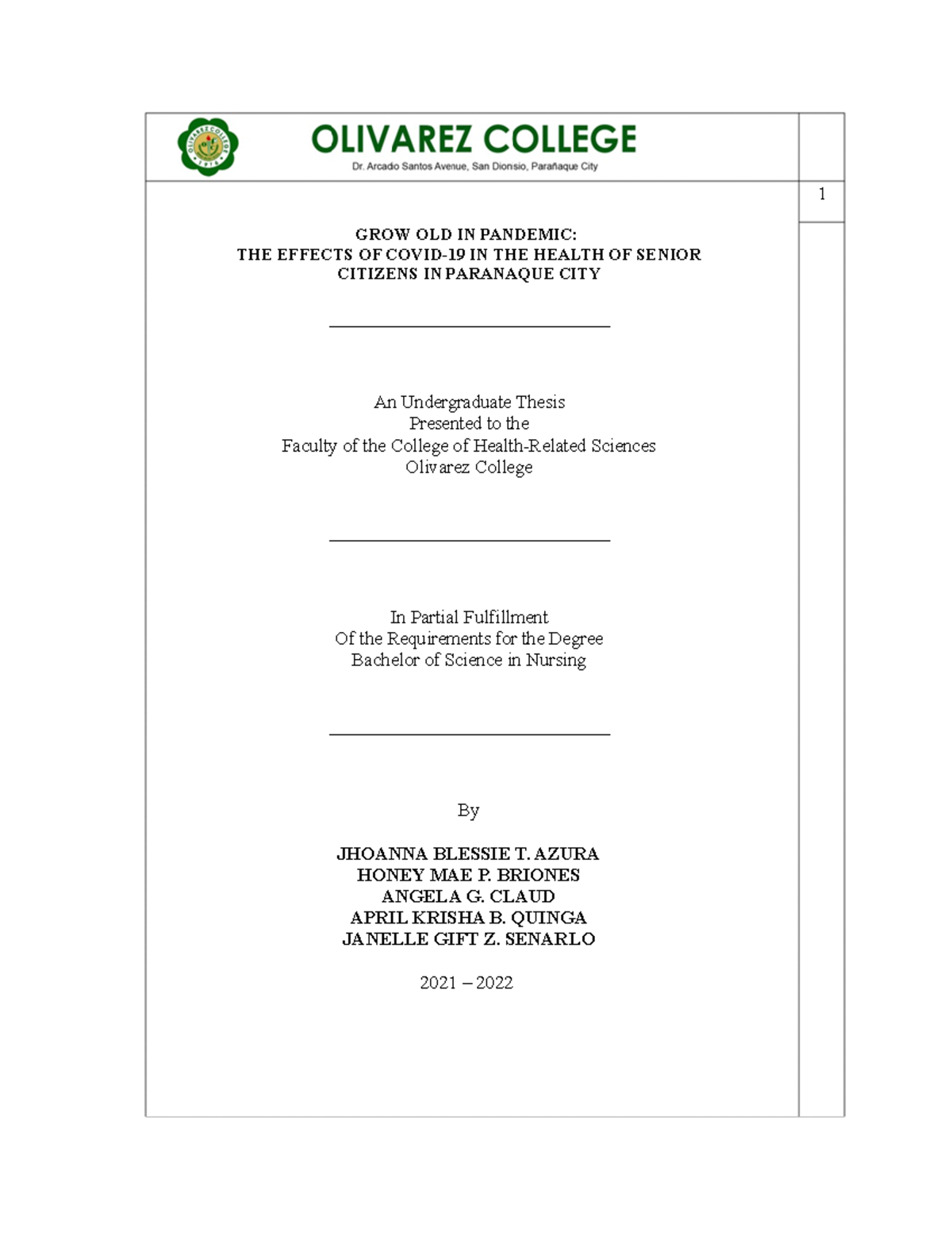 PTB Final Output - GROW OLD IN PANDEMIC: THE EFFECTS OF COVID-19 IN THE ...