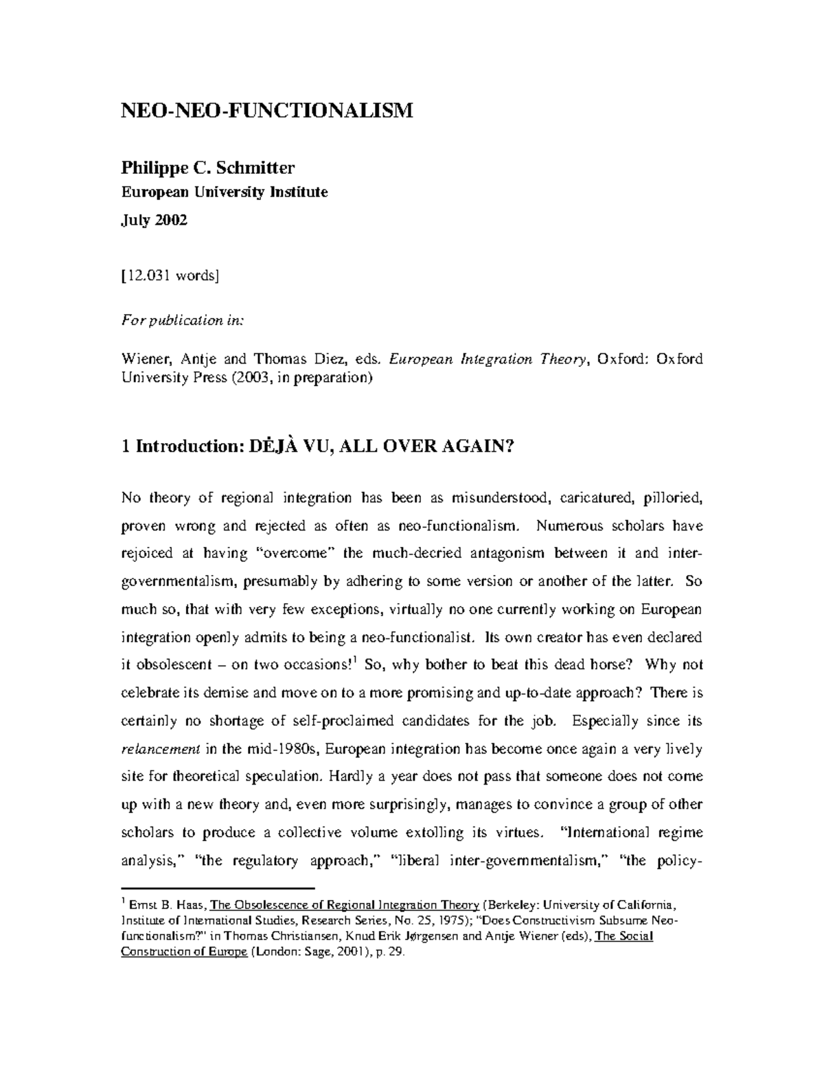 Neo Functionalism Rev - NEO-NEO-FUNCTIONALISM Philippe C. Schmitter European University ...