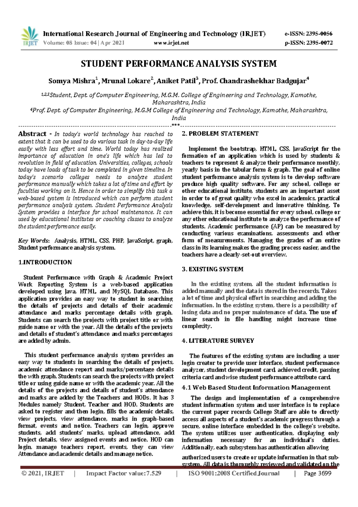 Spas - Volume: 08 Issue: 04 | Apr 2021 irjet p-ISSN: 2395 - 0072 STUDENT PERFORMANCE ANALYSIS ...