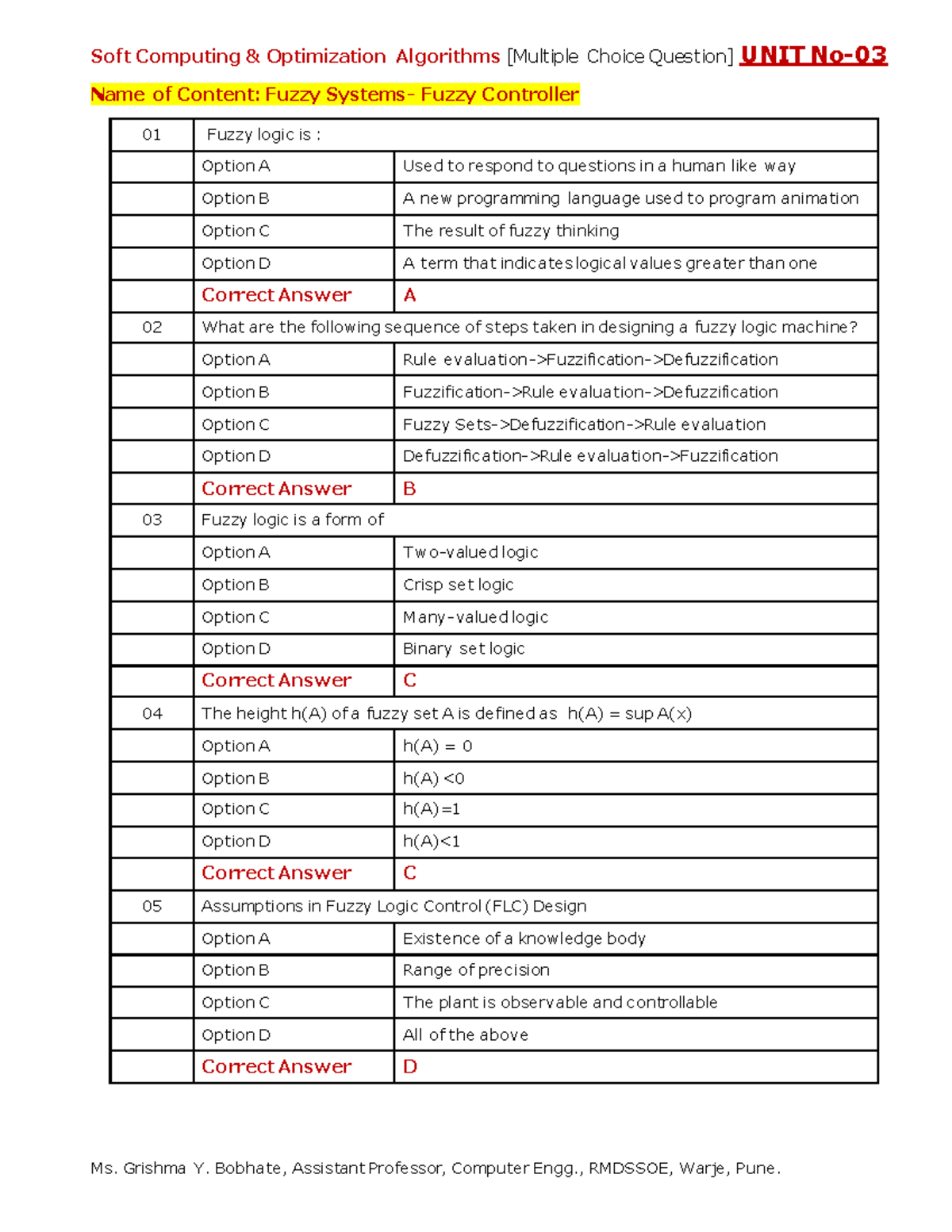 Scoa unit 3 - Soft Computing & Optimization Algorithms [Multiple Choice Question] UNIT No- 03 ...