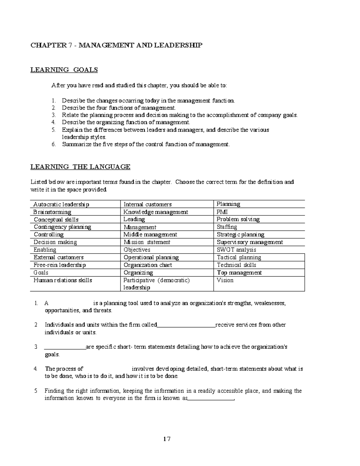 UB-Ch7-Management And Leadership - 17 CHAPTER 7 - MANAGEMENT AND ...