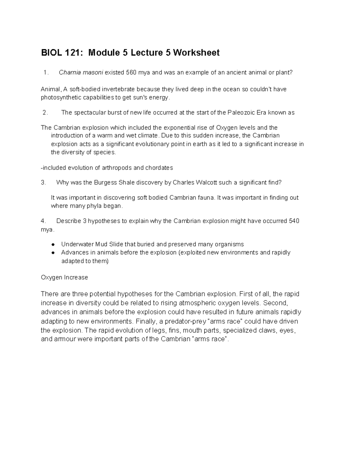 BIOL 121 Module 5 Lecture 5 Worksheet - BIOL 121: Module 5 Lecture 5 Worksheet 1. Charnia - Studocu